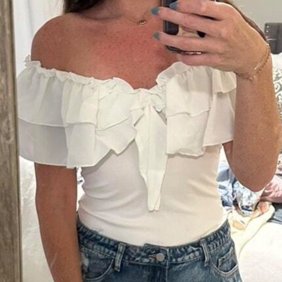 Tops | Plus White Ruffle Front Tie Off Shoulder Top | Poshmark